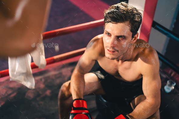 Gym atmosphere, Two professional fighters posing sport boxing ring ...