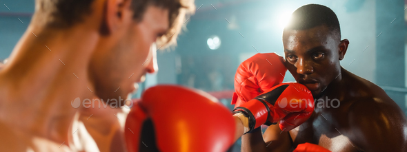 Gym atmosphere, Two professional fighters posing sport boxing ring ...
