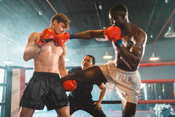 Gym atmosphere, Two professional fighters posing sport boxing ring ...