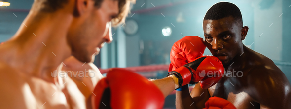 Gym atmosphere, Two professional fighters posing sport boxing ring ...
