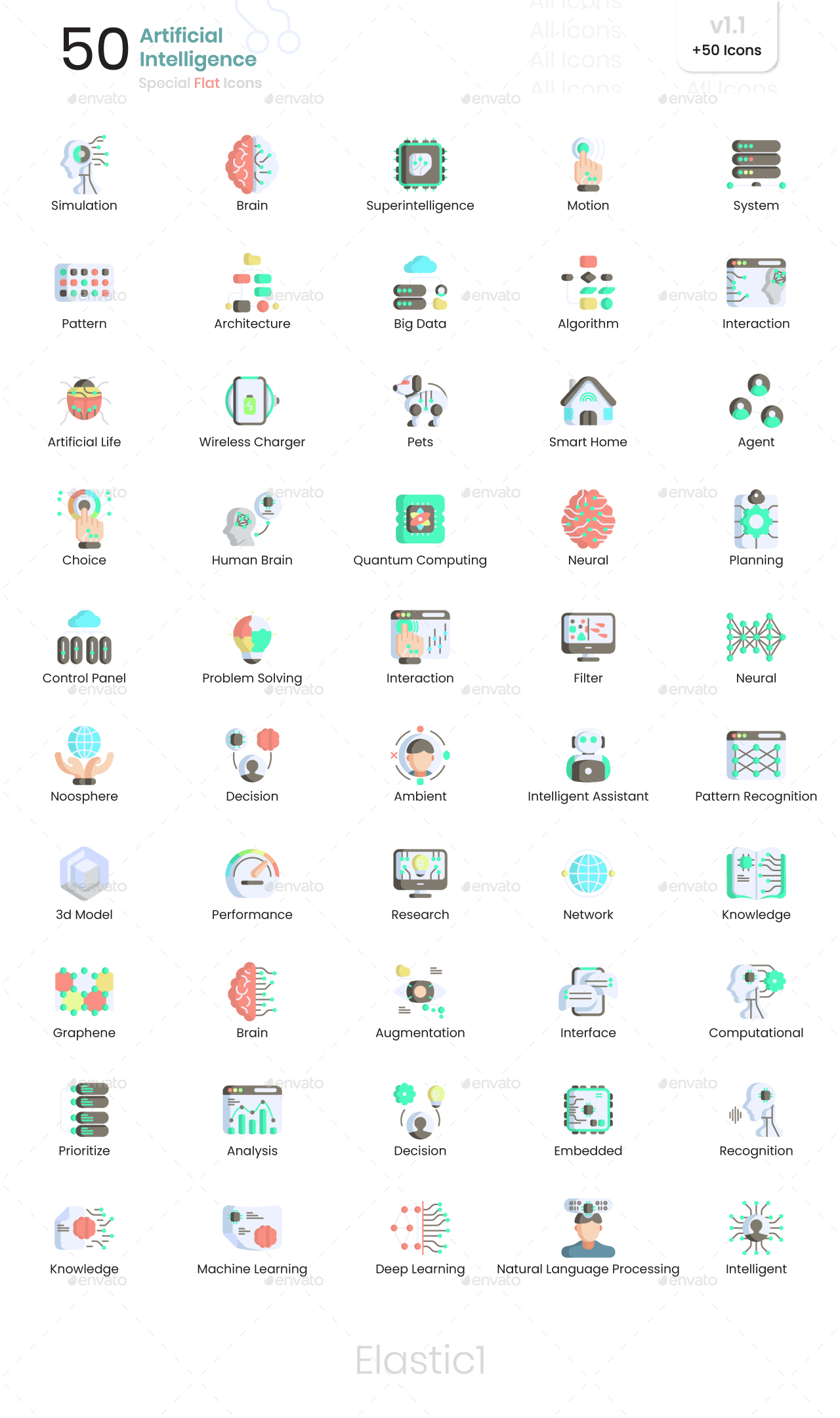 Artificial Intelligence Flat Icons, Icons | GraphicRiver