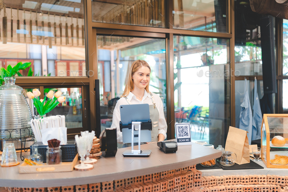 Happy smile waitress standing at restaurant, Young professional ...