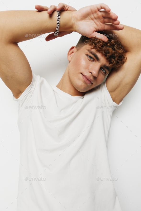 man healthy wrist watch athlete white model attractive curly sport ...