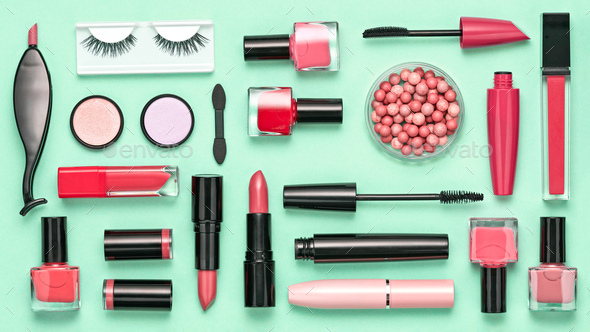 Beauty cosmetics makeup product flying in air cutout minimal. Woman ...