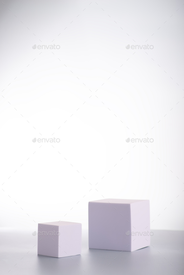 White square podiums in sunlight with shadow on white background. Trend ...