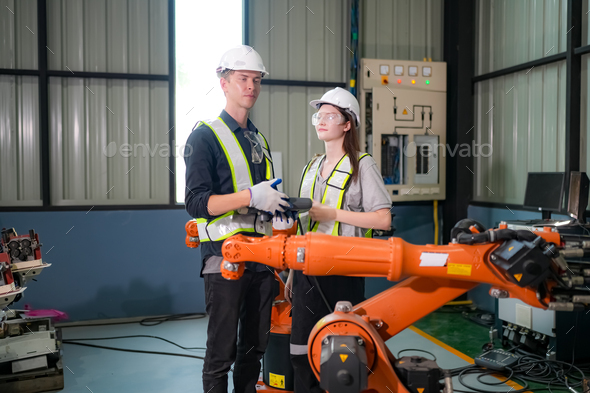 Engineer testing a robotic production simulator in robotics research ...