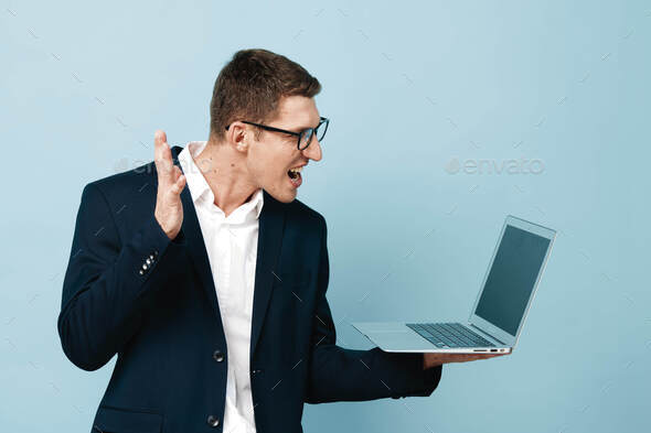 Man unhappy confused entrepreneur executive frustrated typing Stock ...