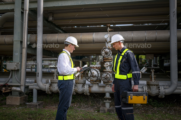 Engineer survey team wear uniform and helmet stand workplace checking ...
