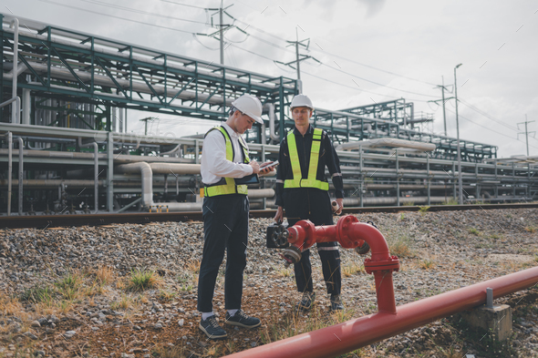 Engineer survey team wear uniform and helmet stand workplace checking ...