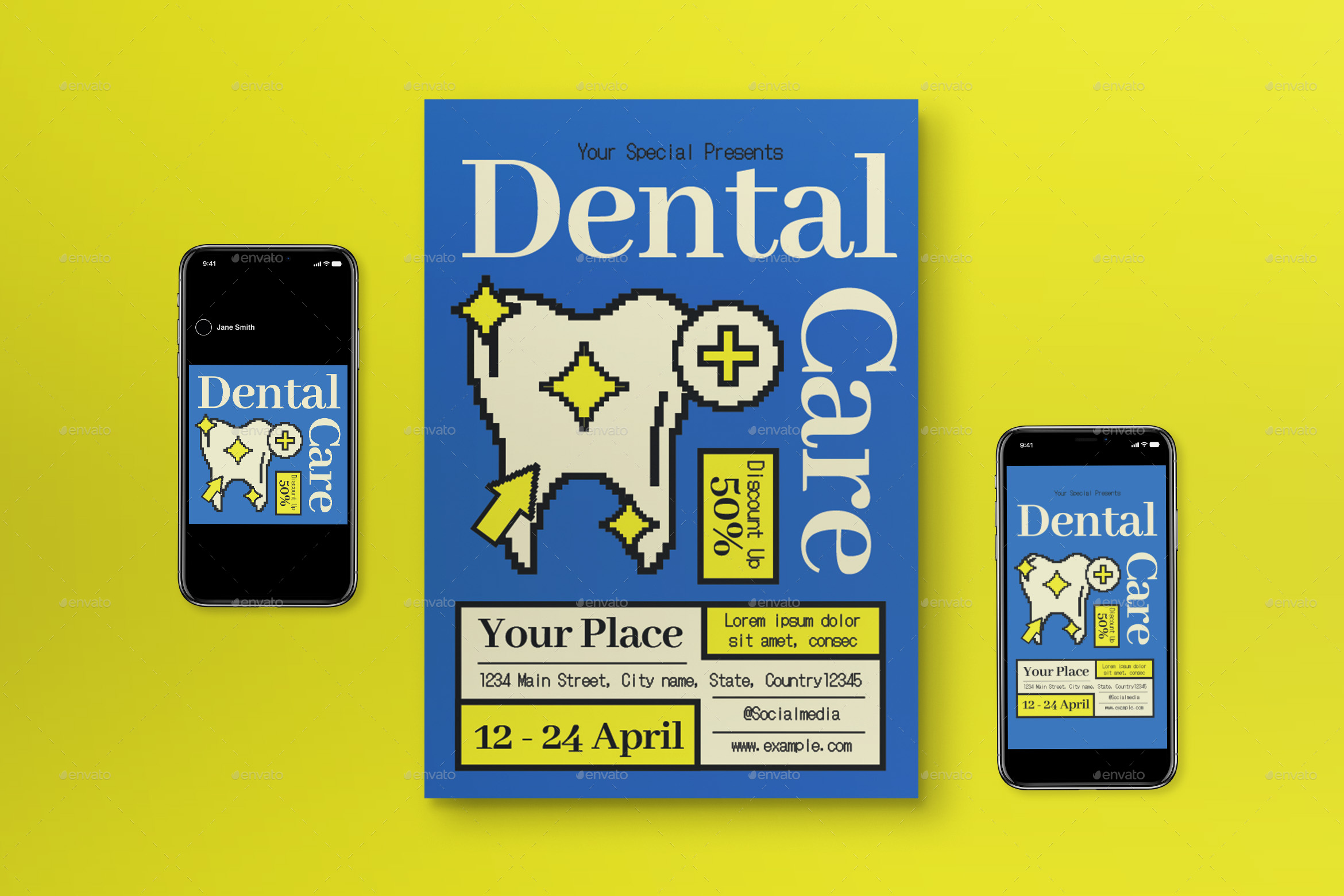 Blue Pixelated Dental Care Flyer Set, Print Templates | GraphicRiver