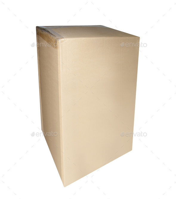 Closed cardboard box taped up and isolated on a white Stock Photo by ...