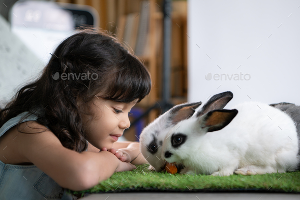 Smiling little girl and with their beloved fluffy rabbit, showcasing ...
