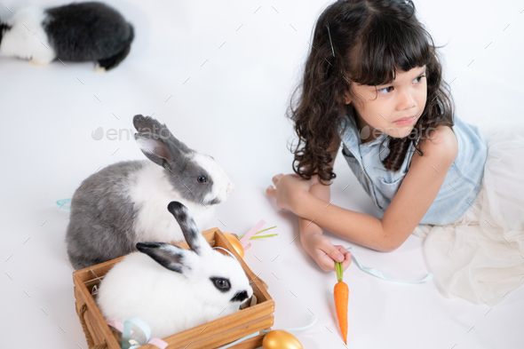 Smiling little girl and with their beloved fluffy rabbit, showcasing ...