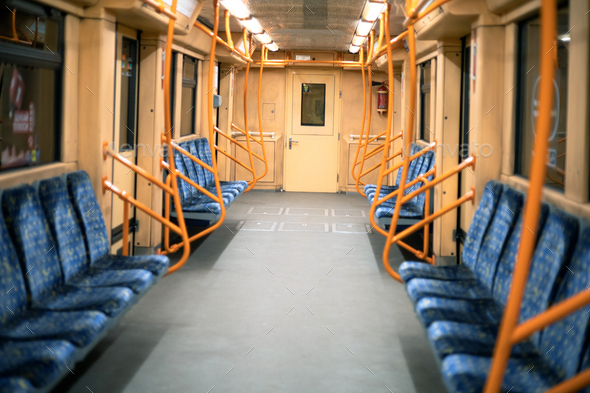 Subway car interior in Ukraine. Empty subway carriage, panorama inside ...
