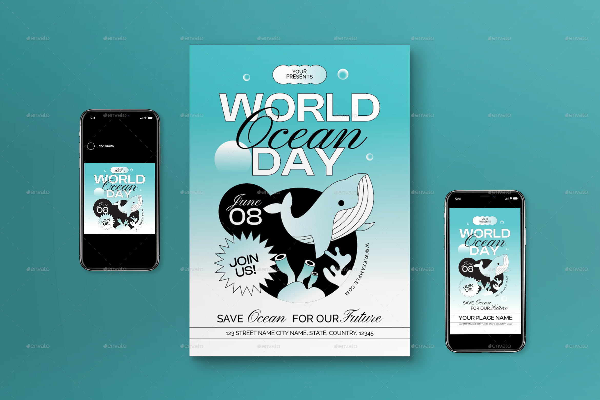 Blue Modern World Ocean Day Flyer Set, Print Templates | GraphicRiver