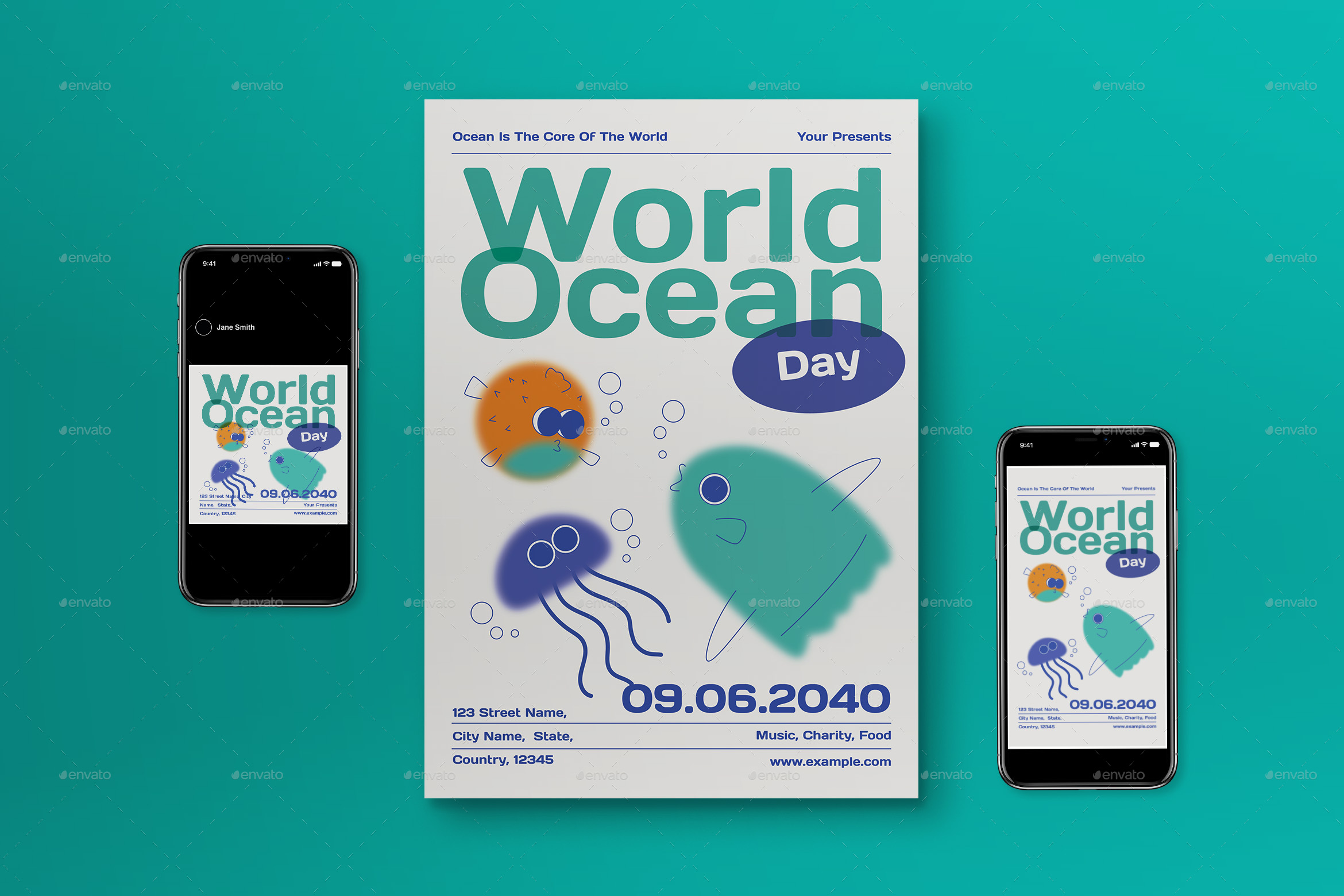 Green Cartoon World Oceans Day Flyer Set, Print Templates | GraphicRiver