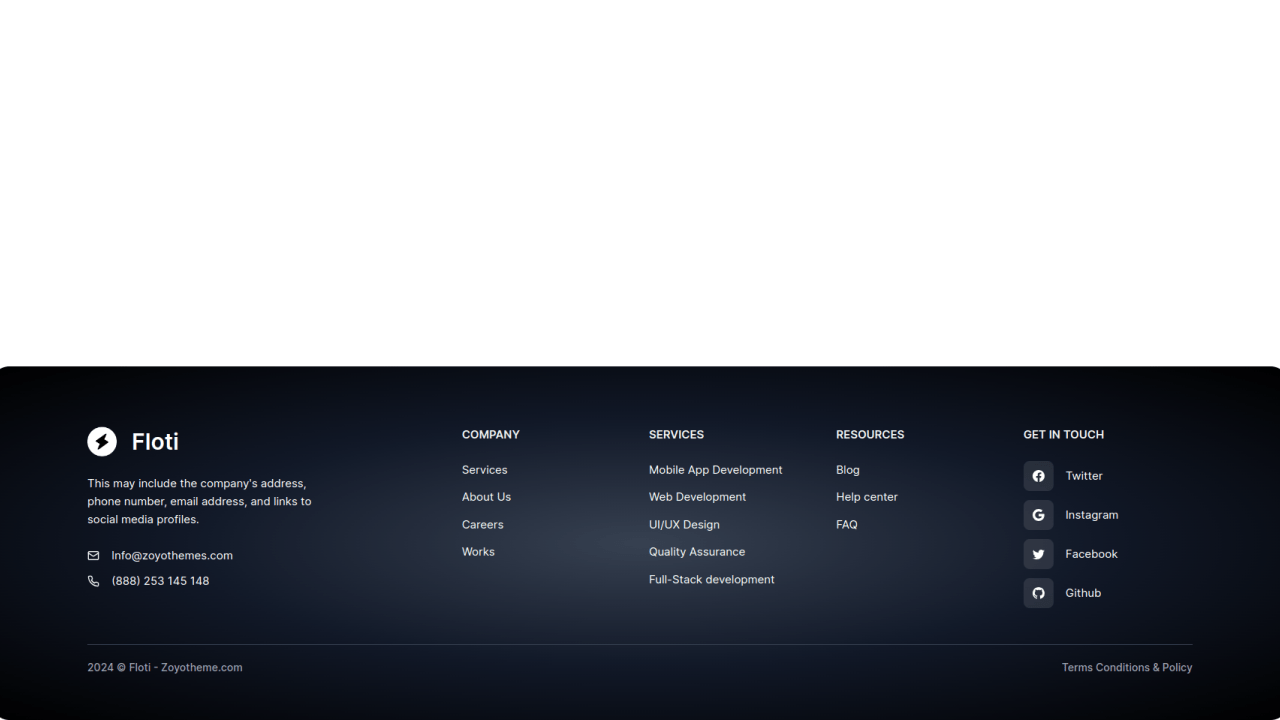 Floti - Tailwind CSS 3 Footer Section HTML Template by Zoyo-Themes