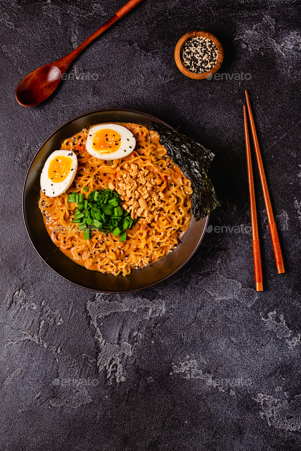 Korean style instant noodle, Shin Ramyeon with peanut and egg. Stock ...