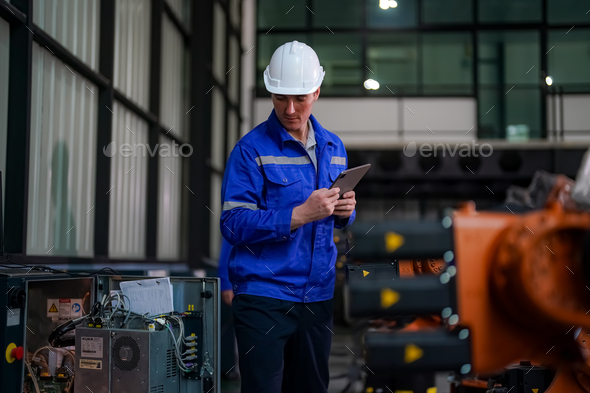 Engineer testing a robotic production simulator in robotics research ...
