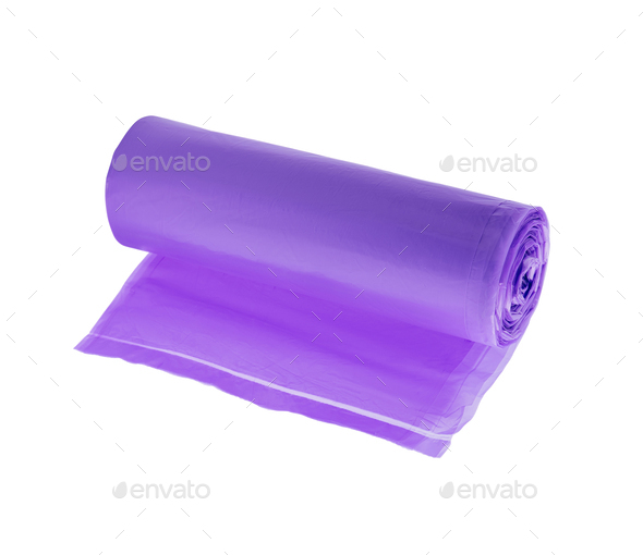 Purple roll of garbage bags isolated on white background Stock Photo by ...