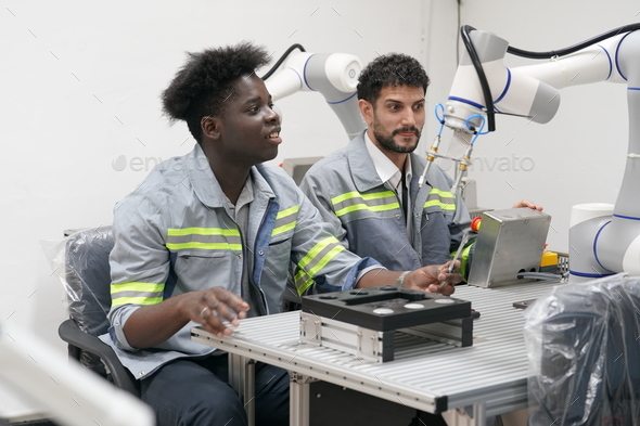 Robotic Arm engineer check on equipment in its with software of ...