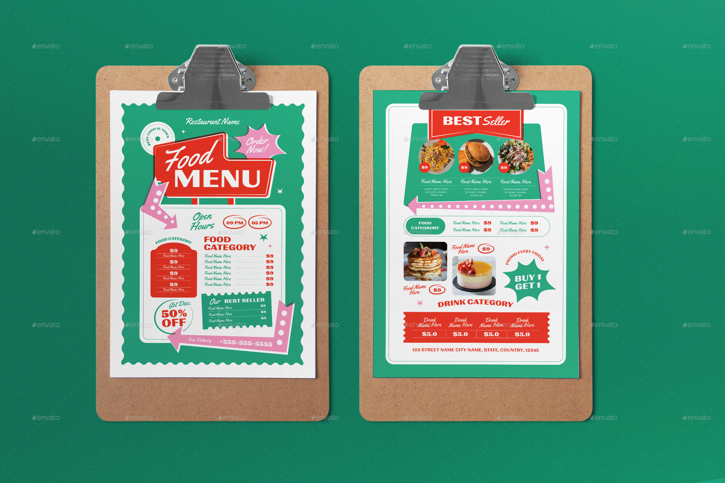 Green Red Midcentury Modern Food Menu, Print Templates | GraphicRiver