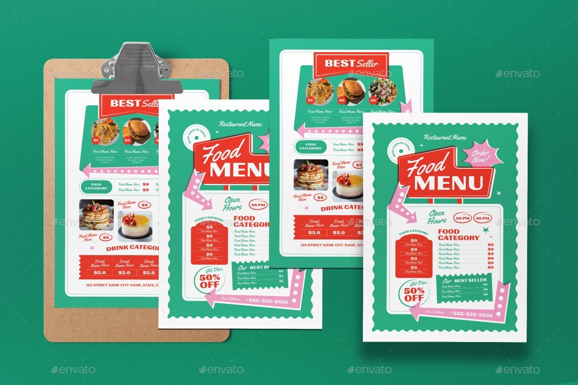 Green Red Midcentury Modern Food Menu, Print Templates | GraphicRiver