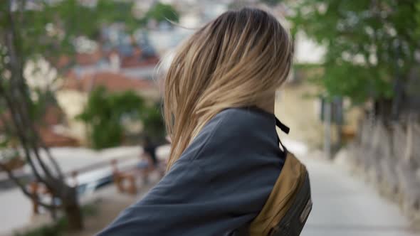 Excited Happy Woman Spinning Around Enjoying Her Walk During Vacation ...