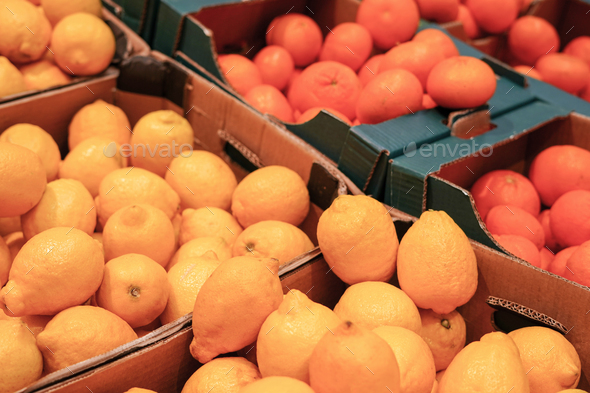 Ripe Yellow Lemons in the boxes in the grocery store. Lemon Harvest ...