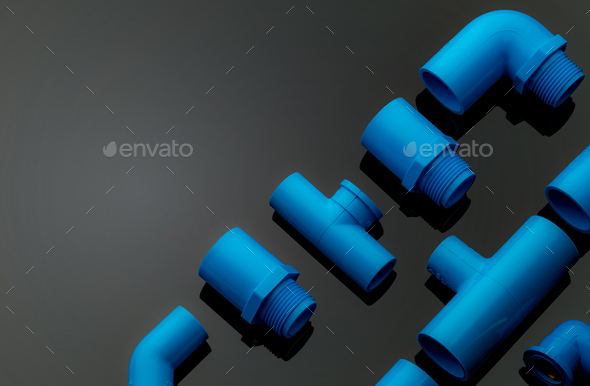 Set of blue PVC pipe fittings isolated on dark background. Blue plastic ...