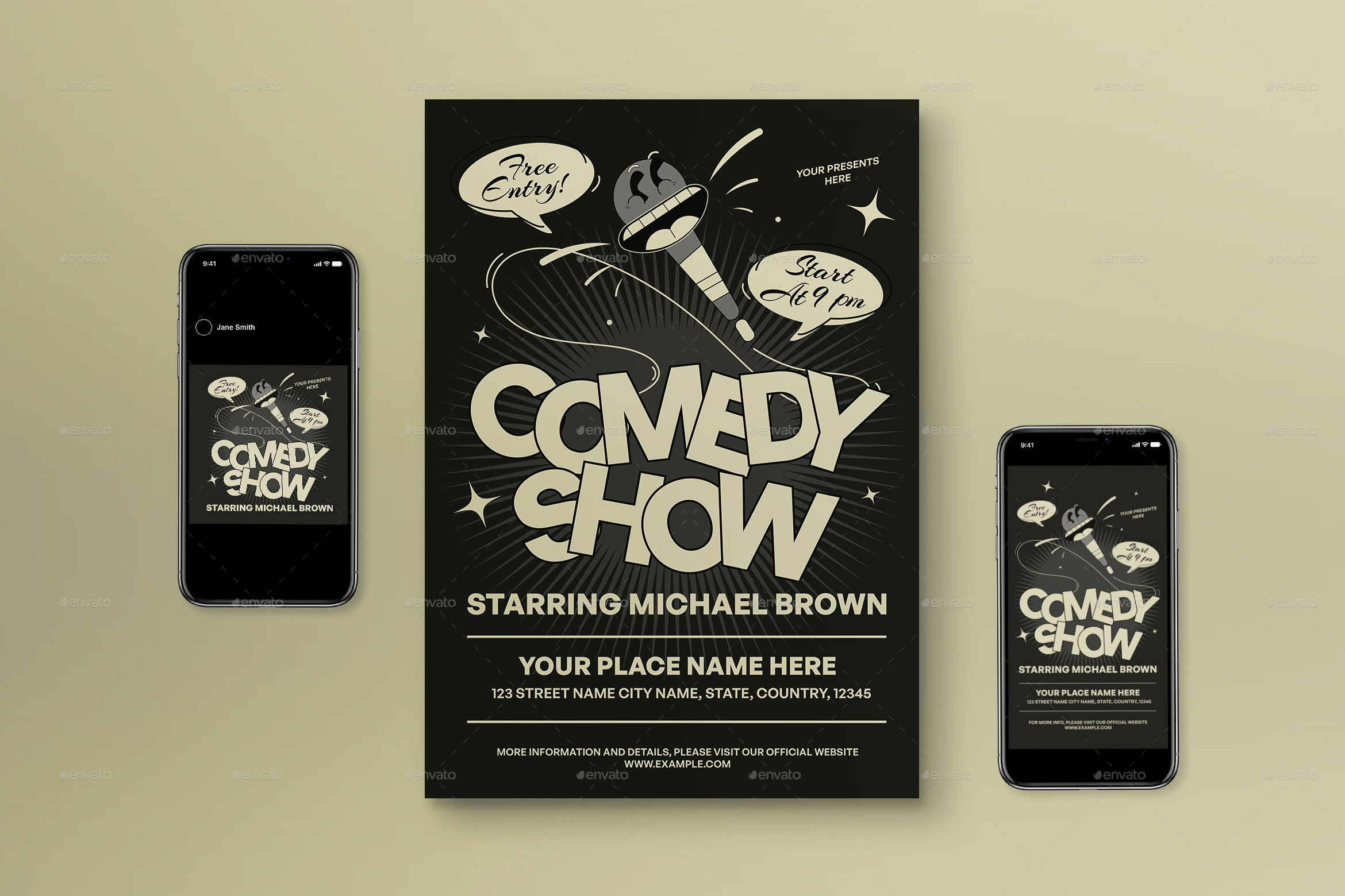 Brown Retro Comedy Show Flyer Set, Print Templates | GraphicRiver