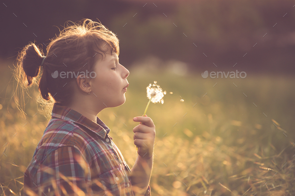 Cute little girl having fun in a dandelion field Stock Photo by erika8213