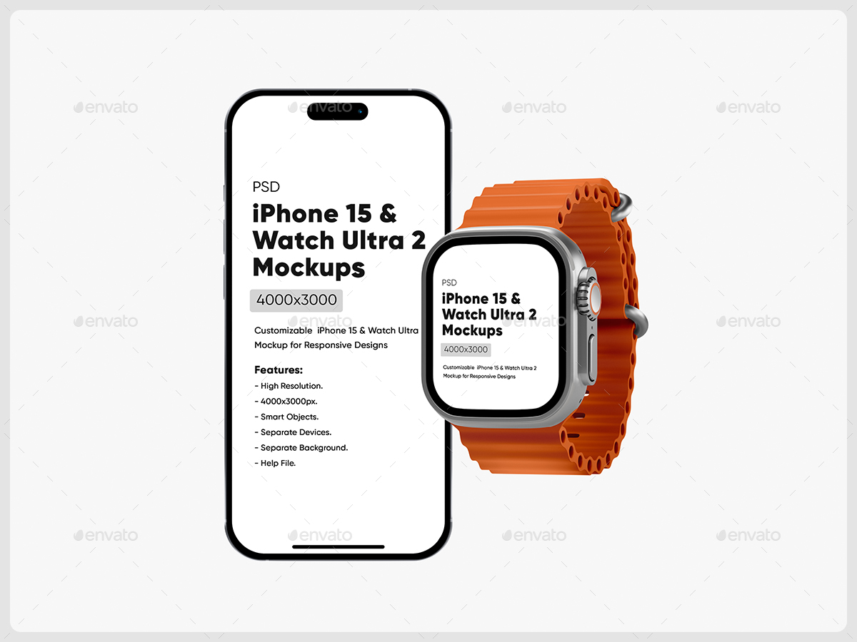 Floating iPhone 15 & Watch Ultra 2 Mockups, Graphics | GraphicRiver