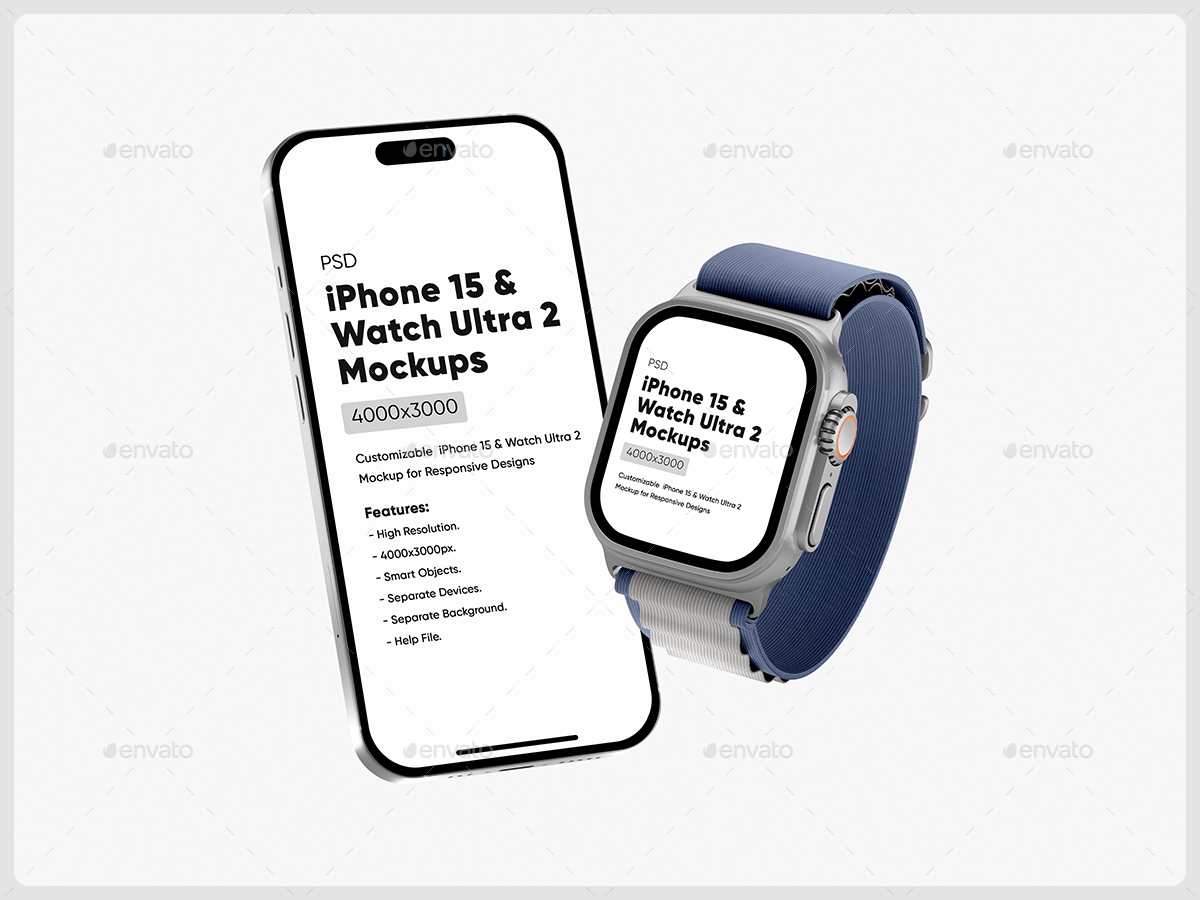 Floating iPhone 15 & Watch Ultra 2 Mockups, Graphics | GraphicRiver