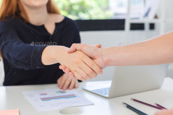 Businesswoman handshake successful business deal and connect ...