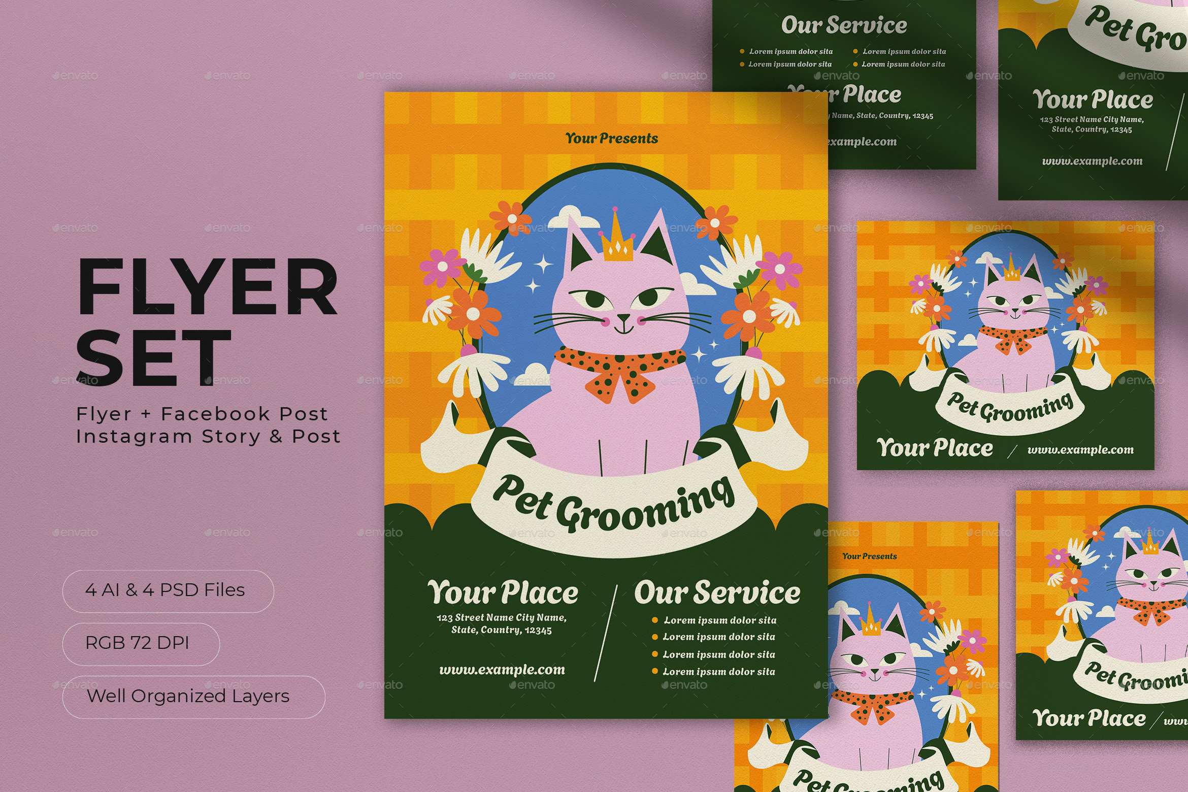 Yellow Hand Drawn Pet Grooming Flyer Set, Print Templates | GraphicRiver