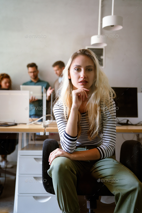 Portrait of attractive skilled experienced girl database editor at ...