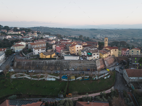 Aerial view of the medieval village of Tavullia. Province of Pesaro and ...