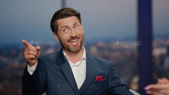 Successful tv show presenter talking sharing news with host in studio ...