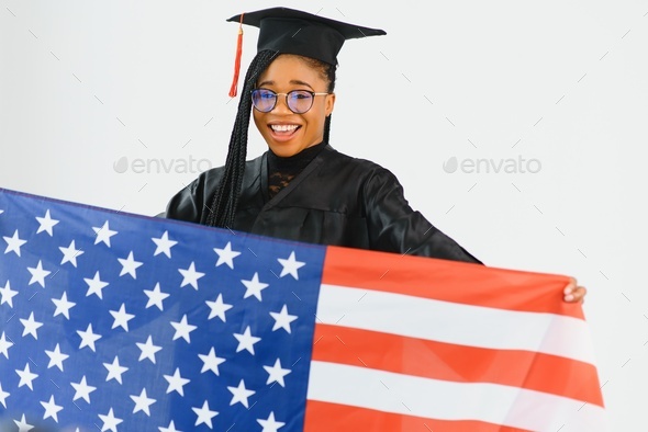 Happy female student with USA flag background. Studying in USA ...