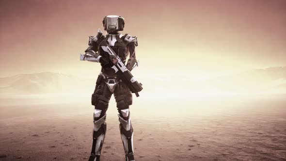 Futuristic Soldier in Desert at Sandstorm, Motion Graphics | VideoHive