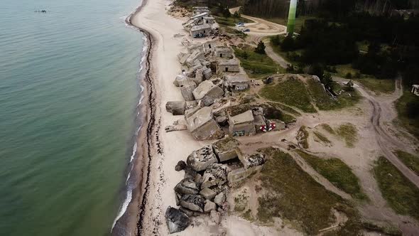 Aerial view of abandoned seaside fortification building at Karosta ...