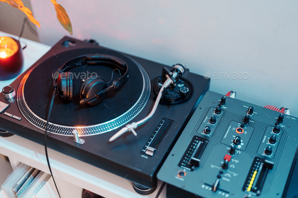 Professional dj equipment setup with turntable and mixer Stock Photo by ...