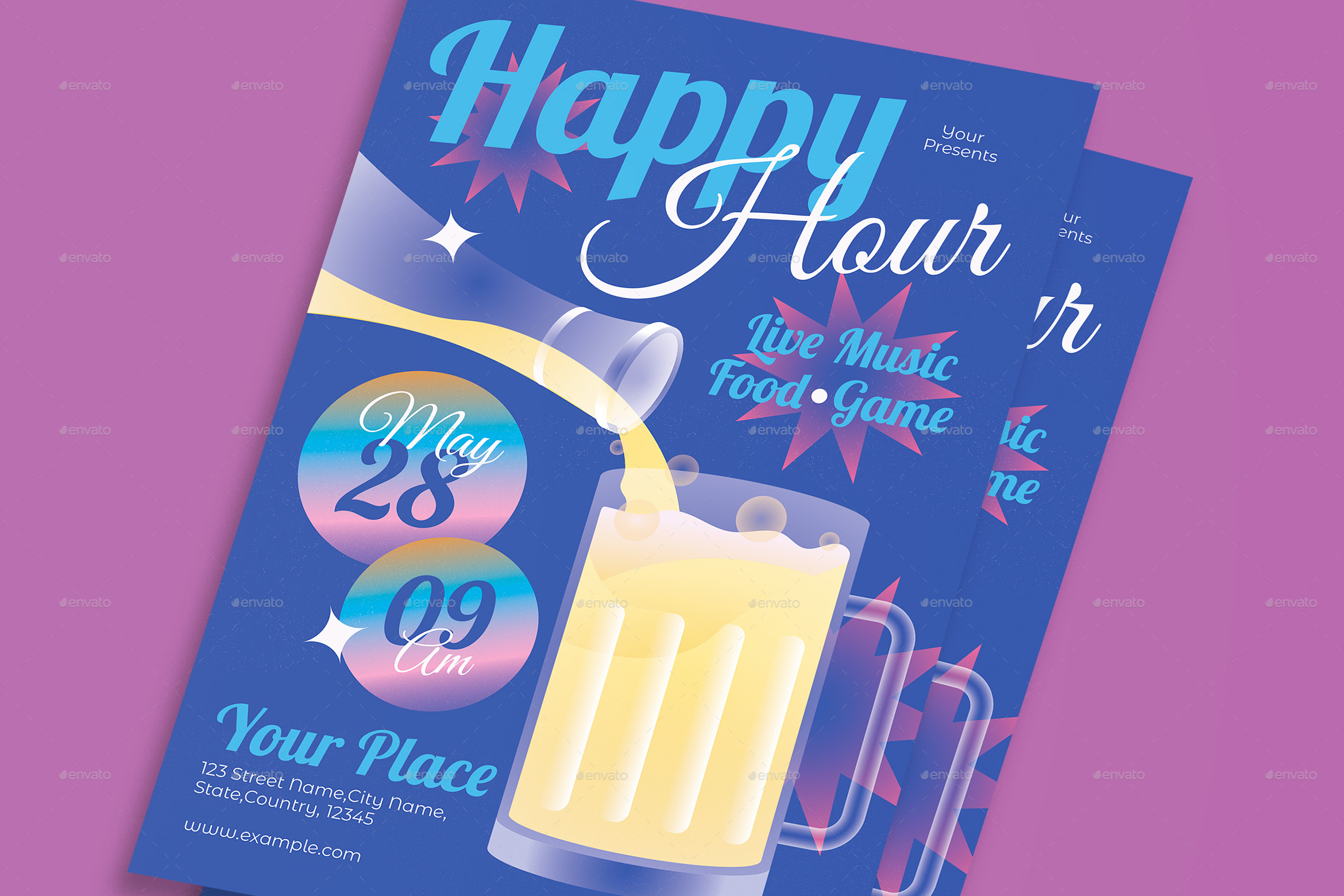 Blue Gradient Happy Hour Flyer Set, Print Templates | GraphicRiver