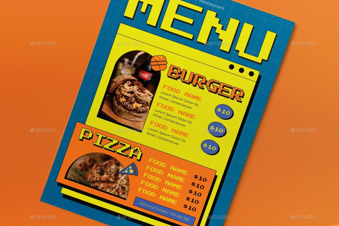 Blue Pixelated Food Menu, Print Templates | GraphicRiver