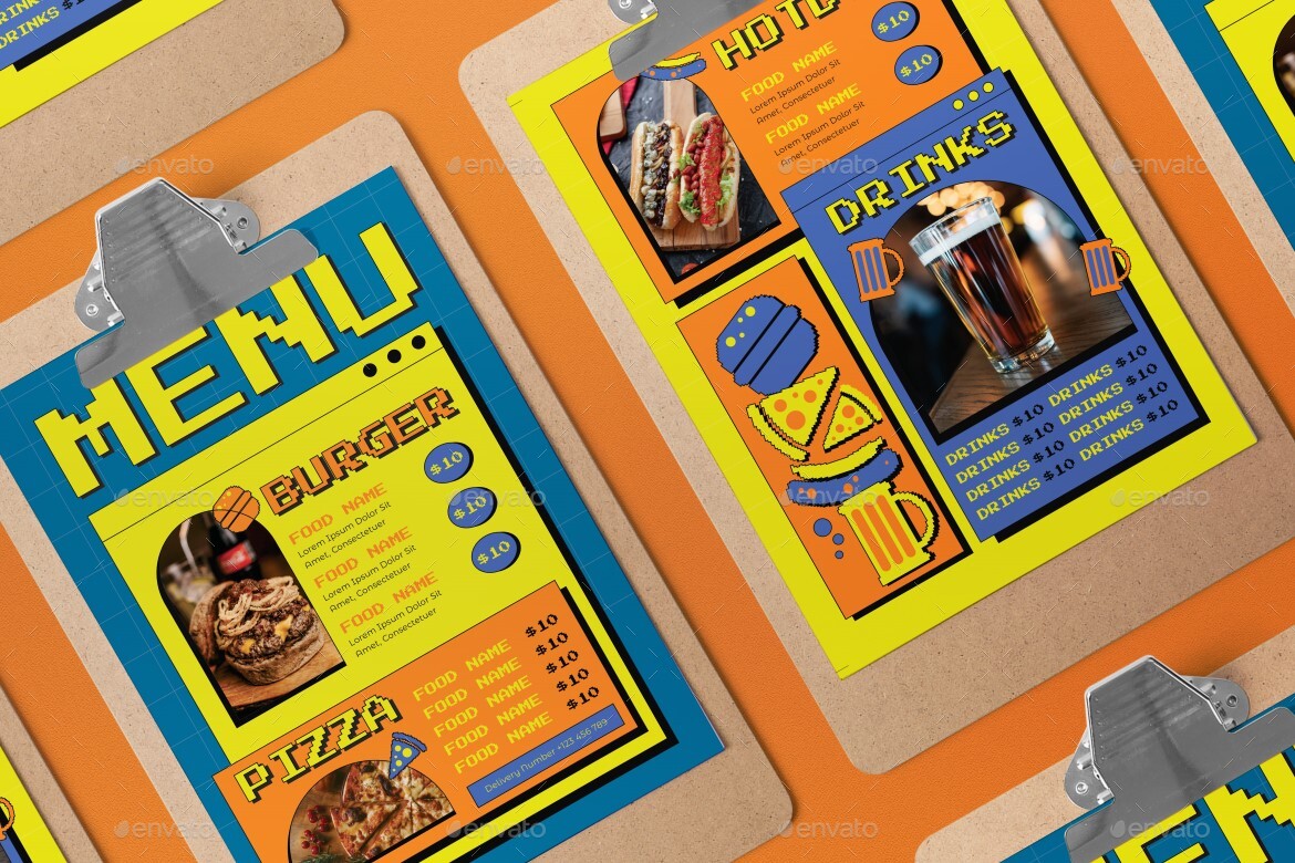 Blue Pixelated Food Menu, Print Templates | GraphicRiver