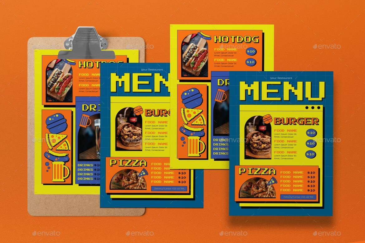 Blue Pixelated Food Menu, Print Templates | GraphicRiver