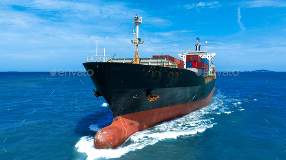 Nose of Container Vessel Ship running in the ocean. Nose cargo ship ...
