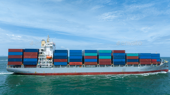 Side view of Cargo Container Ship, on beautiful blue sky. Container ...