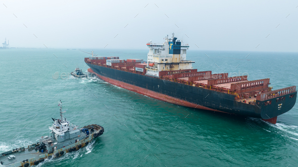empty caro container ship in the ocean, Aerial view of empty container ...